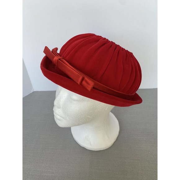 Accessories | Vintage 196s Red Velvet Roll Brim Bowler Hat With Bow Mr ...
